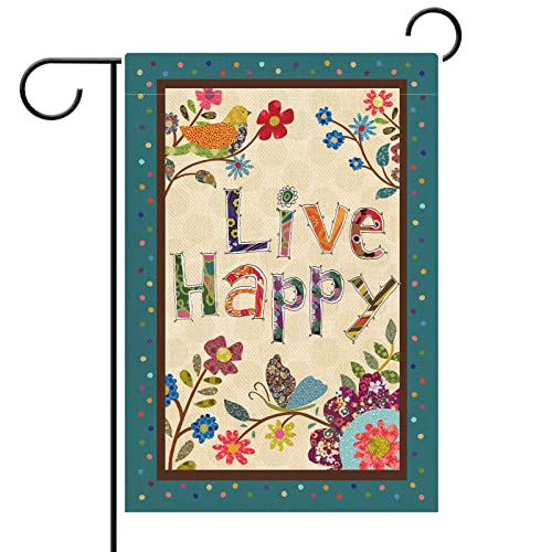 Hzppyz Live Happy Decorative Small Garden Flag Flower Bird, Spring Summer Inspirational Quote House Yard Outdoor Butterfly Floral Decor Double Sided, Fall Positive Farmhouse Outside Decoration 12 x 18