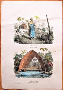 antique copperplate engraving: a sailor in vavas and boat house for canoes