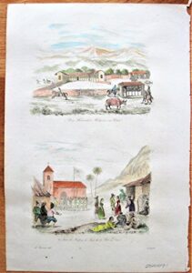 antique copperplate engraving: a ranch and an indian town