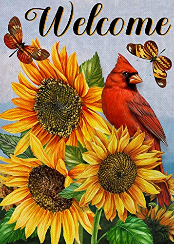 Covido Home Decorative Welcome Spring Summer Cardinal Sunflower Garden Flag, Yard Red Bird Outside Decoration, Fall Autumn Outdoor Small Burlap Decor Double Sided 12 x 18