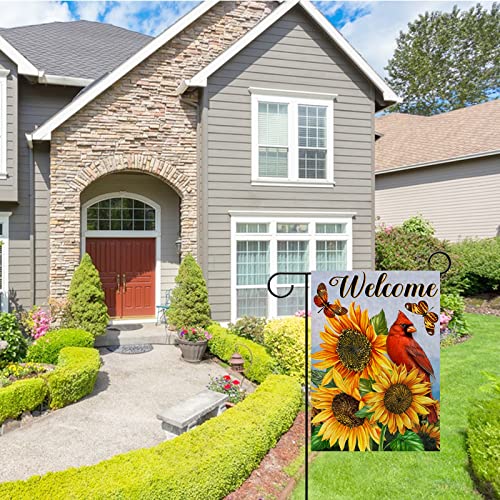 Covido Home Decorative Welcome Spring Summer Cardinal Sunflower Garden Flag, Yard Red Bird Outside Decoration, Fall Autumn Outdoor Small Burlap Decor Double Sided 12 x 18