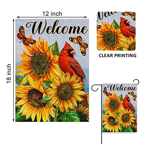 Covido Home Decorative Welcome Spring Summer Cardinal Sunflower Garden Flag, Yard Red Bird Outside Decoration, Fall Autumn Outdoor Small Burlap Decor Double Sided 12 x 18