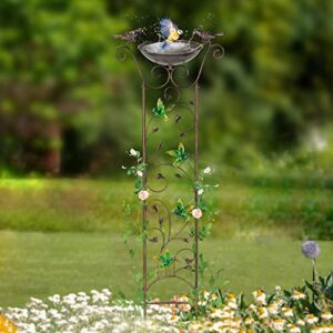 SUNNYPARK Bird Bath with Trellis Outdoor, Antique Garden Iron Plant Trellis with Decorative Hummingbirds Detachable Bird Bath Bowl Metal Potted Plant Support for Climbing Flowers