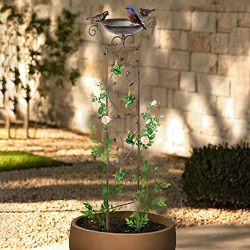 SUNNYPARK Bird Bath with Trellis Outdoor, Antique Garden Iron Plant Trellis with Decorative Hummingbirds Detachable Bird Bath Bowl Metal Potted Plant Support for Climbing Flowers