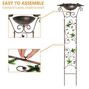 SUNNYPARK Bird Bath with Trellis Outdoor, Antique Garden Iron Plant Trellis with Decorative Hummingbirds Detachable Bird Bath Bowl Metal Potted Plant Support for Climbing Flowers