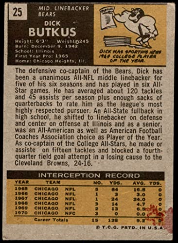 1971 Topps # 25 Dick Butkus Chicago Bears (Football Card) FAIR Bears Illinois