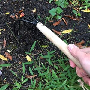 Garden Guru Hand Rake Cultivator Claw Soil Tiller - Military Grade Steel - Rust Resistant - 5 Tine Japanese Ninja Claw - Comfortable Wood Handle - Perfect Pulverized and Aerated Soil