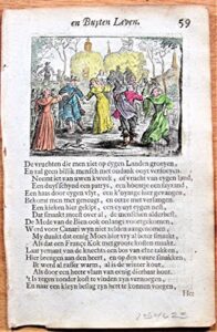 antique copperplate miniature engraving: bl59 from ouderdom, buyten leven, en hof gedachten