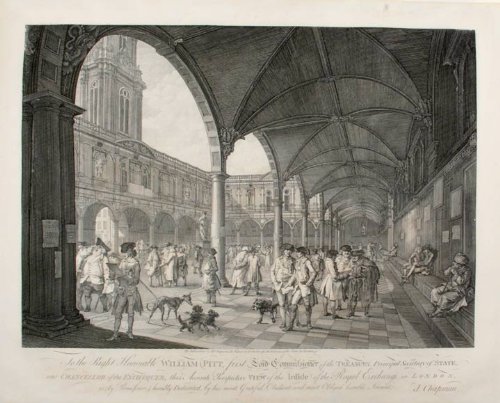 [Pair of Prints] To the Right honorable William Pitt ... this Accurate Perspective View of the Outside [.... this Accurate Perspective View of Inside] of the Royal Exchange, in London, is ... Dedicated, by ... J. Chapman