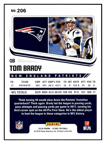 2018 Score #206 Tom Brady New England Patriots Football Card