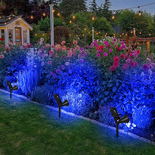 T-SUN Blue Solar Spotlights, 4 LED Solar Landscape Spot Lights Outdoor Waterproof, Adjustable Auto ON/Off Solar Wall Lights Garden Pond Lights for Trees, Patio, Yard, Driveway, Pool Area(Blue-4 Pack)