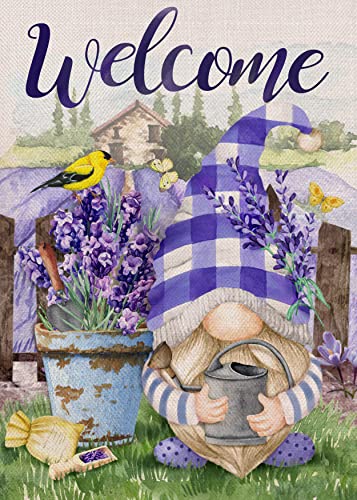 Furiaz Welcome Spring Gnome Lavender Small Decorative Garden Flag, Goldfinch Bird Yard Flower Purple Buffalo Plaid Check Home Outside Decoration, Summer Farmhouse Outdoor Decor Double Sided 12x18