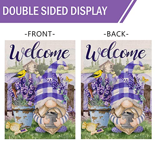 Furiaz Welcome Spring Gnome Lavender Small Decorative Garden Flag, Goldfinch Bird Yard Flower Purple Buffalo Plaid Check Home Outside Decoration, Summer Farmhouse Outdoor Decor Double Sided 12x18