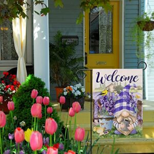 Furiaz Welcome Spring Gnome Lavender Small Decorative Garden Flag, Goldfinch Bird Yard Flower Purple Buffalo Plaid Check Home Outside Decoration, Summer Farmhouse Outdoor Decor Double Sided 12x18