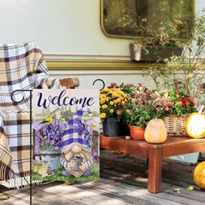 Furiaz Welcome Spring Gnome Lavender Small Decorative Garden Flag, Goldfinch Bird Yard Flower Purple Buffalo Plaid Check Home Outside Decoration, Summer Farmhouse Outdoor Decor Double Sided 12x18