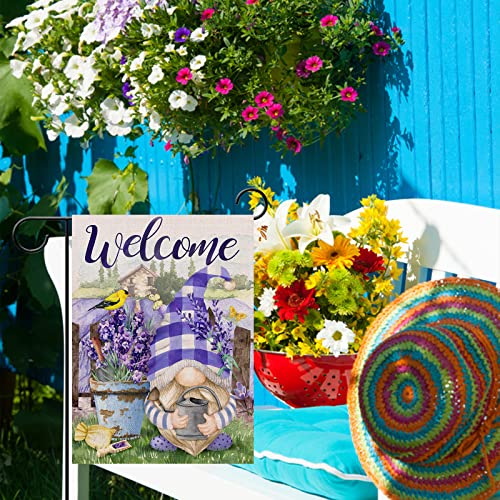 Furiaz Welcome Spring Gnome Lavender Small Decorative Garden Flag, Goldfinch Bird Yard Flower Purple Buffalo Plaid Check Home Outside Decoration, Summer Farmhouse Outdoor Decor Double Sided 12x18