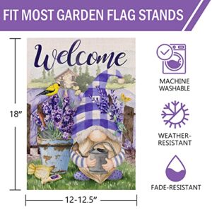 Furiaz Welcome Spring Gnome Lavender Small Decorative Garden Flag, Goldfinch Bird Yard Flower Purple Buffalo Plaid Check Home Outside Decoration, Summer Farmhouse Outdoor Decor Double Sided 12x18