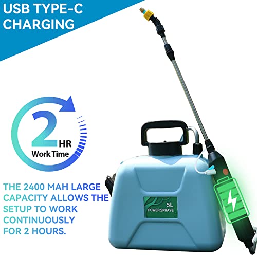 1.35 Gallon/5L Battery Powered Sprayer with 160ml High-Pressure Continuous Garden Sprayer, Electric Sprayer with USB Rechargeable Handle, 2 Mist Nozzles and Adjustable Shoulder Strap(Blue