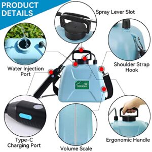 1.35 Gallon/5L Battery Powered Sprayer with 160ml High-Pressure Continuous Garden Sprayer, Electric Sprayer with USB Rechargeable Handle, 2 Mist Nozzles and Adjustable Shoulder Strap(Blue