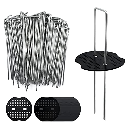 100 Pack 6 Inch Landscape Staples & 100pcs Fixing Gasket Sets, Garden Stakes Galvanized Steel Fabric Pins Heavy-Duty U Shape Sod Turf Pins for Ground Weed Fabric Barrier, Orchard, Yard, Tents