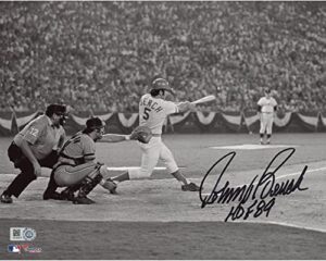 johnny bench cincinnati reds autographed 8” x 10” black & white hitting photograph with “hof 89” inscription – autographed mlb photos