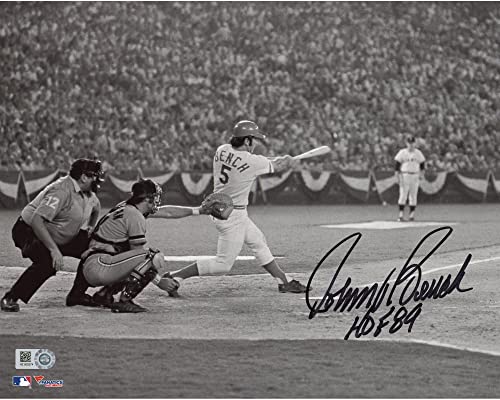 Johnny Bench Cincinnati Reds Autographed 8'' x 10'' Black & White Hitting Photograph with "HOF 89" Inscription - Autographed MLB Photos