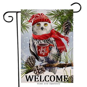 Artofy Welcome Winter Owl Coffee Pinecones Home Decorative Garden Flag Snow, Pine Trees Branches House Yard Outside Decor, Christmas Snowflakes Farmhouse Outdoor Small Decoration Double Sided 12 x 18