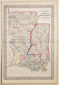 county map of the state of arkansas, mississippi & louisiana