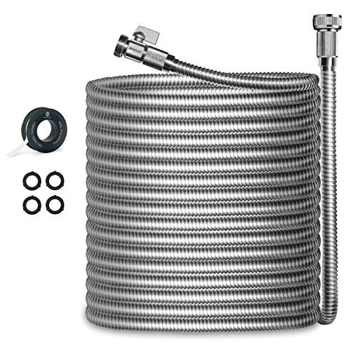 Morvat Heavy Duty 150 Foot Stainless Steel Garden Hose with All Brass Shut-Off Valve, Kink and Tangle Free, Crush and Puncture Resistant, Includes Roll of Teflon Tape and Extra Washers