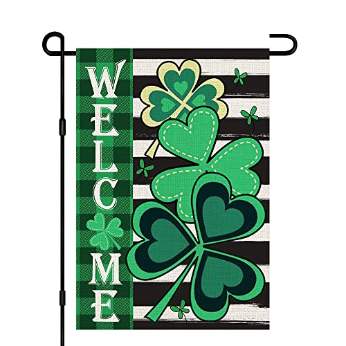 Welcome St Patricks Day Garden Flag 12x18 Inch Burlap Double Sided Green Shamrock Sign Small Flag Lucky Clover Yard Outdoor Decor DF253