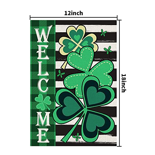 Welcome St Patricks Day Garden Flag 12x18 Inch Burlap Double Sided Green Shamrock Sign Small Flag Lucky Clover Yard Outdoor Decor DF253