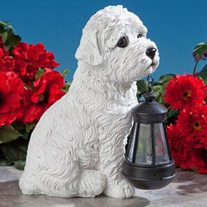 Bits and Pieces - Bichon Solar Lantern Statue - Solar Powered Garden Lantern - Resin White Dog Sculpture with LED Light - Outdoor Lighting and Décor Maltese, Bolognese, Coton de Tulear, Havanese