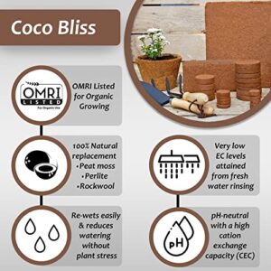 Coco Bliss Coco Coir - Compressed Coco Coir Bricks with Low EC and pH Balance - High Expansion Coco Fiber for Herbs, Flowers, Planting - OMRI Listed Renewable Coconut Soil (650 Grams, 5 Bricks)