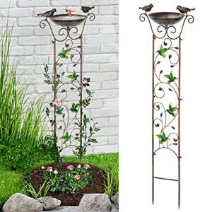 lewis&wayne garden trellis bird bath outdoor, 40 inch antique iron garden plant trellis decorative with hummingbirds and detachable drinking basin bowl, free standing birdbath birdfeeder station