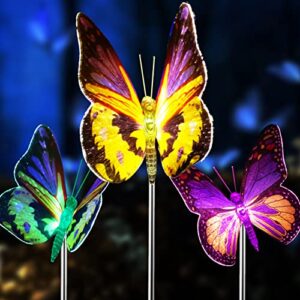 outdoor solar garden lights,3 pack solar butterfly decorative lights, ip67 waterproof color changing led solar outdoor lights,solar powered stake lights for garden patio yard lawn pathway decoration