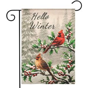 hoscape winter cardinal bird garden flag12x18 inch, vertical double sided hello winter garden flag, red bird holly berry branches snow holiday outside decorations burlap yard flag banners