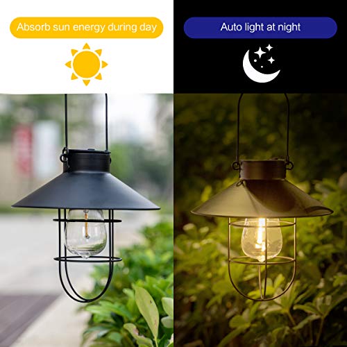 2Pack Solar Metal Hanging Lantern with Shepherd Hook Outdoor Led Garden Lights Black