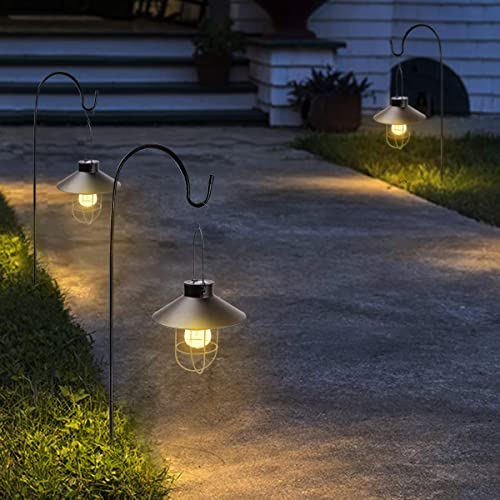 2Pack Solar Metal Hanging Lantern with Shepherd Hook Outdoor Led Garden Lights Black