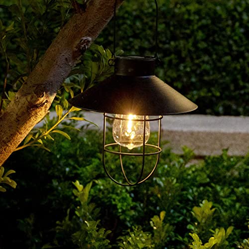 2Pack Solar Metal Hanging Lantern with Shepherd Hook Outdoor Led Garden Lights Black