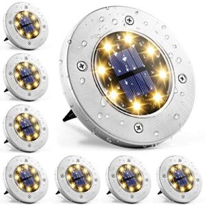 solpex solar ground lights, 8 led solar powered disk lights outdoor waterproof landscape lawn lighting for garden yard deck walkway patio pathway (8, warm white)