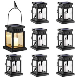 gigalumi 8 pack solar hanging lantern outdoor, candle effect light with stakes for garden, patio, lawn, deck, umbrella, tent, tree, yard, driveway-warm white