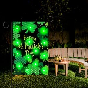 st patrick’s day garden flag with green led lights good shamrock luck truck gnome 12 x 18 inch double sided garden flag durable burlap shamrock garden flag for lawn party outdoor decorations (shamrock)