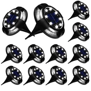 solar ground lights outdoor 12 packs 12 led disk lights solar powered waterproof new in-ground lights for garden deck stair step lawn patio driveway walkway pathway yard decoration(white light,12pack)