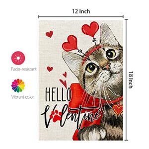 CROWNED BEAUTY Valentines Day Cat Garden Flag 12x18 Inch Small Double Sided for Outside, Hello Valentine Heart Yard CF686-12