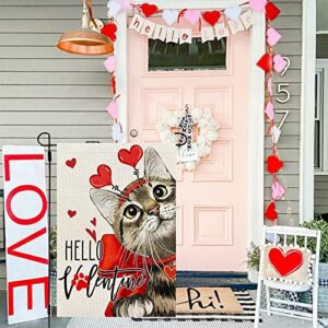 CROWNED BEAUTY Valentines Day Cat Garden Flag 12x18 Inch Small Double Sided for Outside, Hello Valentine Heart Yard CF686-12