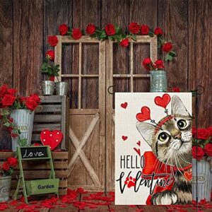 CROWNED BEAUTY Valentines Day Cat Garden Flag 12x18 Inch Small Double Sided for Outside, Hello Valentine Heart Yard CF686-12