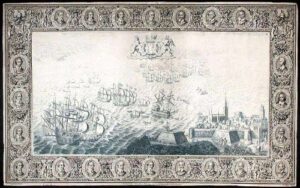 [plate illustrating the defeat of the spanish armada by the english fleet under the command of lord howard of effingham in 1588]