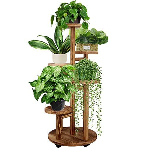 GEEBOBO 5 Tiered Tall Plant Stand for Indoor Outdoor, Wood Plant Shelf Corner Display Rack, Multi-tier Planter Pot Holder Flower Stand for Living Room Balcony Garden Patio (Walnut)…