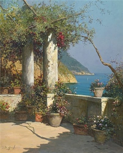 Giovanni Diguida Hand Signed And Numbered Limited Edition Canvas:Terrace In Positano