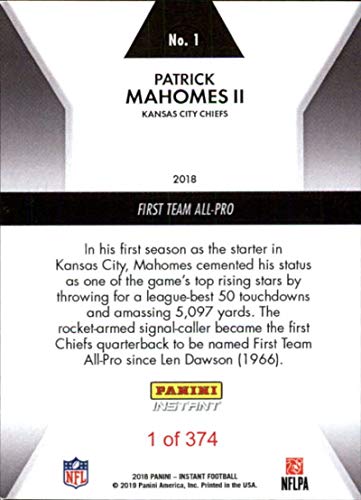 2018 Panini Instant NFL First Team All-Pro Football #1 Patrick Mahomes II Kansas City Chiefs Official Trading Card Online Exclusive SOLD OUT Only 374 Made